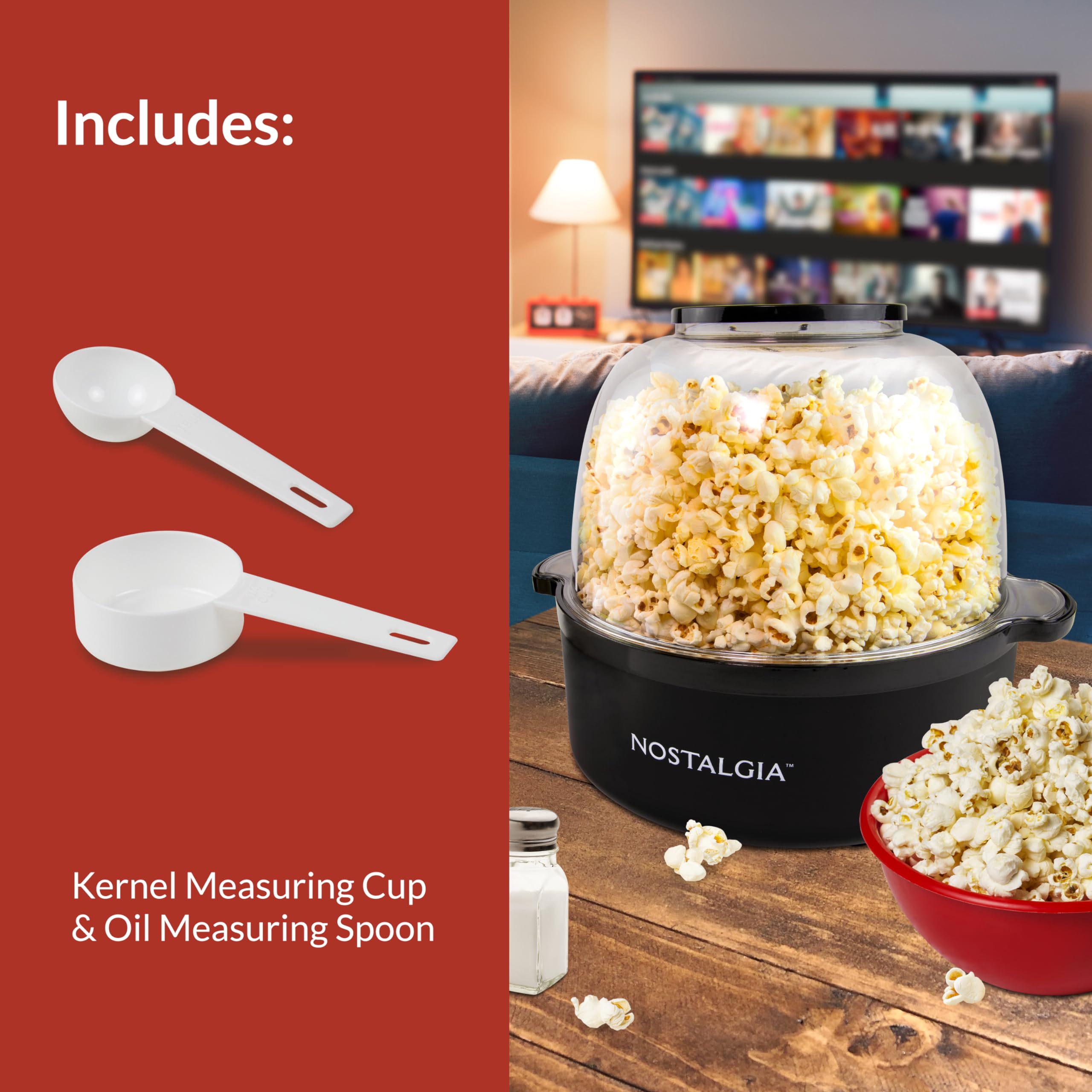 Nostalgia 6-Quart Stirring Popcorn Popper With Quick-Heat Technology, Makes 24 Cups of Popcorn, Kernel Measuring Cup, Oil Free, Makes Roasted Nuts, Perfect for Birthday Parties, Black