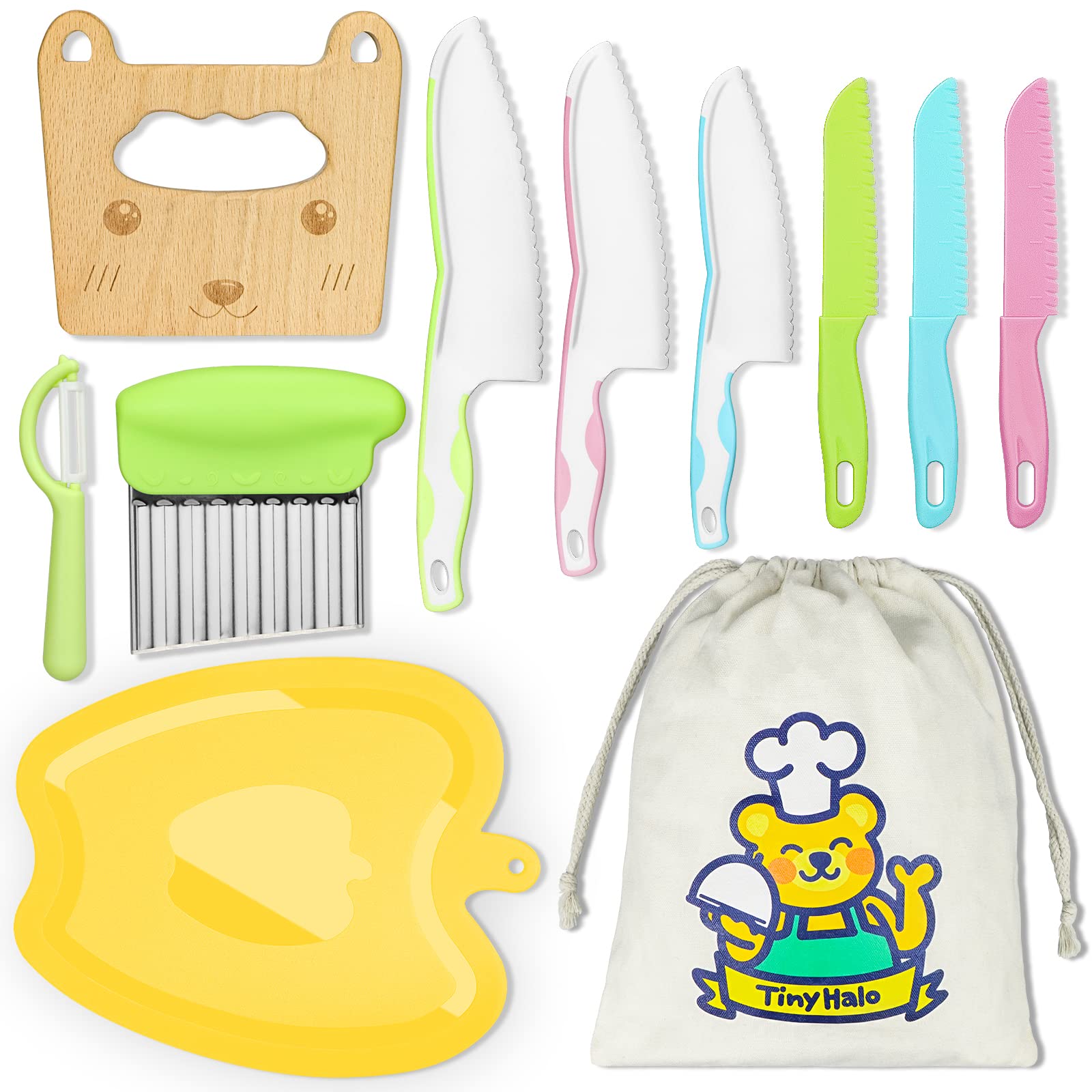 TinyHalo 11 Pcs Wooden Kids Kitchen Knife, Kids Knife Set with Cutting Board Fruit Vegetable Crinkle Cutters Serrated Edges Plastic Toddler Knifes for Real Cooking Kid Safe Knives…