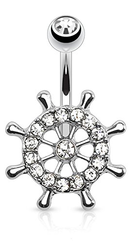 Pierced Owl 14GA Stainless Steel CZ Crystal Paved Nautical Ship Yacht Wheel Belly Button Ring (Clear)