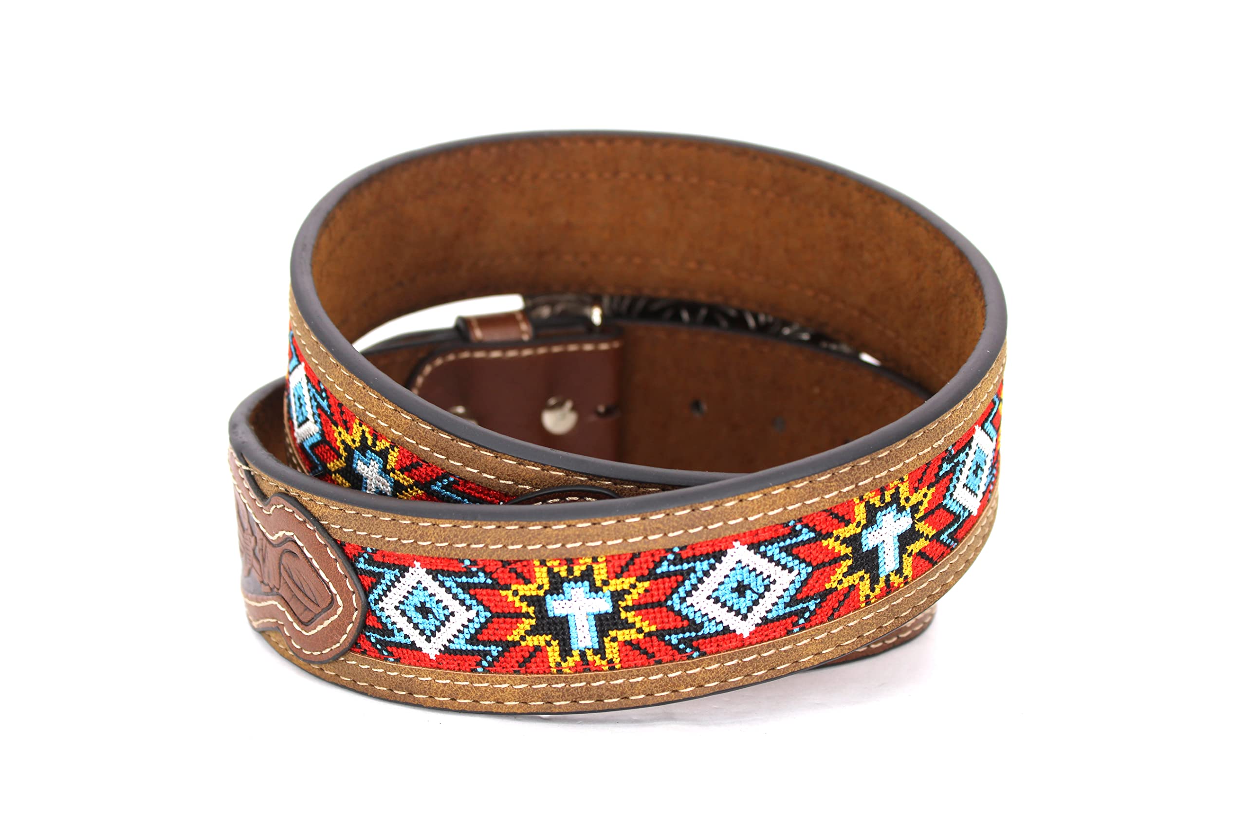 West Star Texas Embroidery Fabric Belt Aztec Print Men Women Cowboy Genuine Leather 1.5'' 2201 BK XL