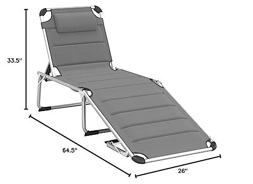 Outsunny Foldable Outdoor Chaise Lounge Chair, 5-Level Reclining Camping Tanning Chair with Aluminum Frame, Padding, and Headrest for Beach, Yard, Patio, Pool, Gray