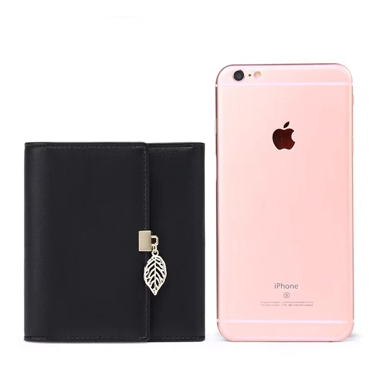 Wallet for Women RFID Blocking Credit Card Holder Phone Checkbook Storage Bag Zipper Coin Purse Leaf Pendant (Black, Small), Sd168