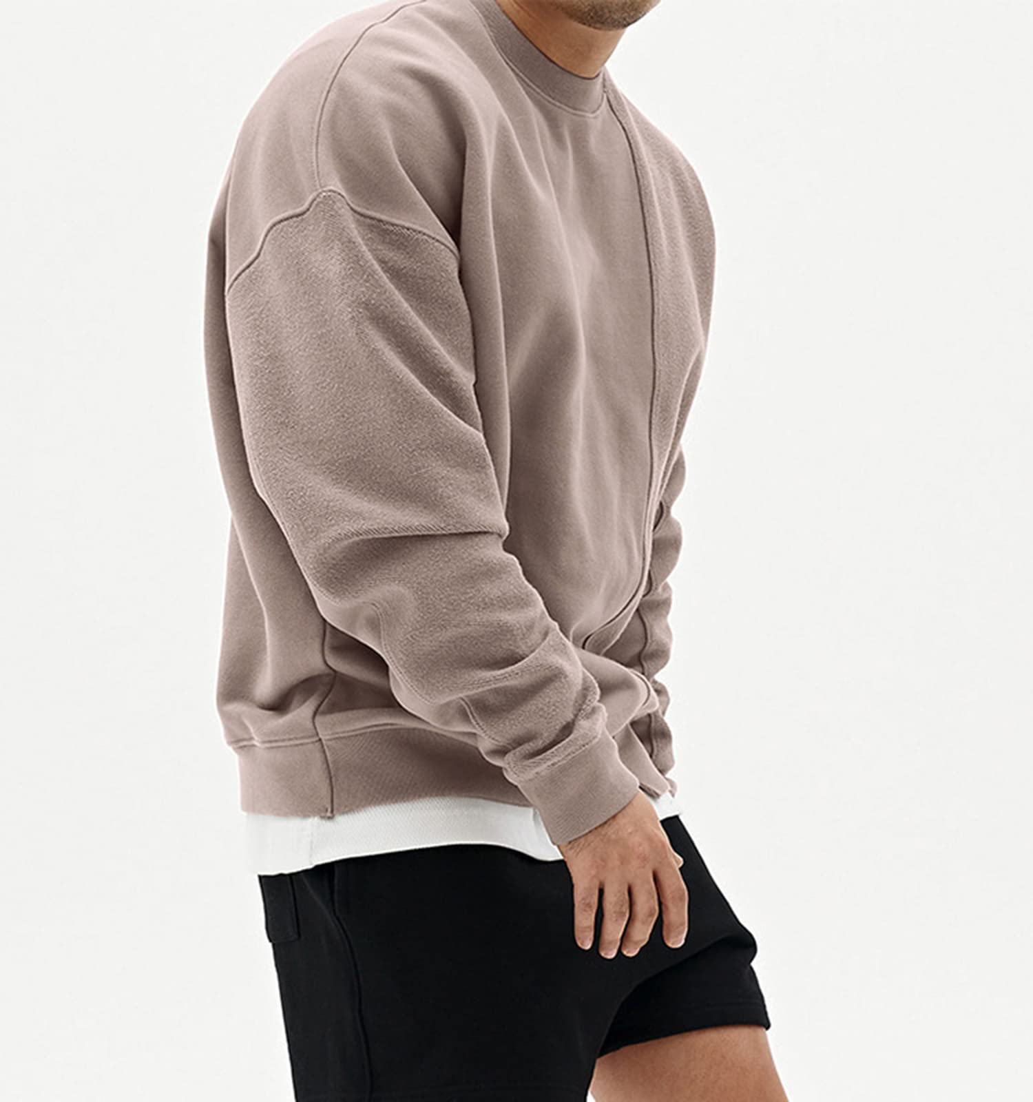 Surenow Mens Patchwork Crewneck Sweatshirt Long-Sleeve Lightweight Terry Sweatshirt Casual Workout Pullover Shirt Tops Khaki
