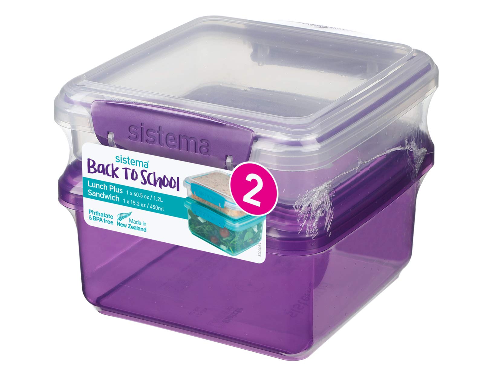 Sistema 16542 Pack of 2 to Go Assorted Colours Square Shape Storage Set Consists 1.2 litres and 1 Container of 450 ml, Polypropylene