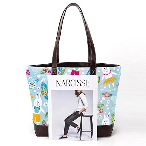 Women's Large Size Canvas Shoulder Bag Hobo Crossbody Handbag Casual Tote, Happy Easter Flower Cartoon Rabbit Lovely