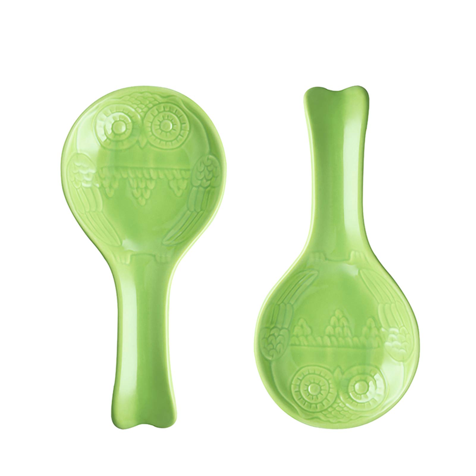 Sweejar Owl Ceramic Spoon Rest Set, Large Spoon Holder for Kitchen, Drip Catcher for Ladle, Spatula, Tongs, Cooking Accessories, Set of 2 (Green)