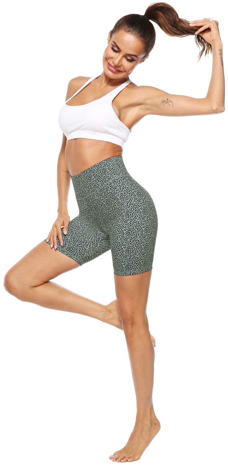 PERSIT Women's High Waist Print Workout Yoga Shorts with 2 Hidden Pockets, Non See-Through Tummy Control Athletic Shorts Bean Green Leopard