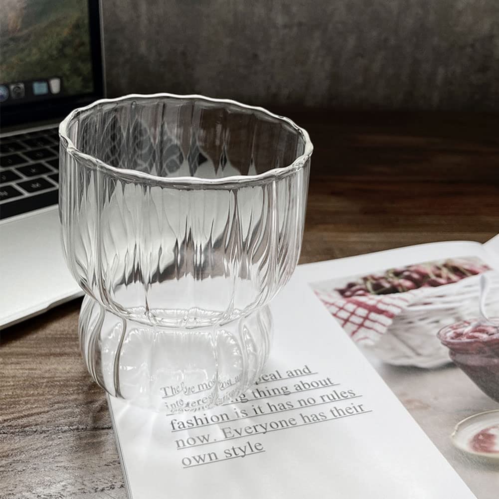 URMAGIC 2 Pcs Ribbed Drinking Glasses,9 Oz Ripple Glassware,Clear Origami Style Glass Cups,Iced Coffee Glasses,Wave Shape Beverage Cups,Clear Glass Cups for Cocktail,Whiskey,Juice,Water,Beer,Milk