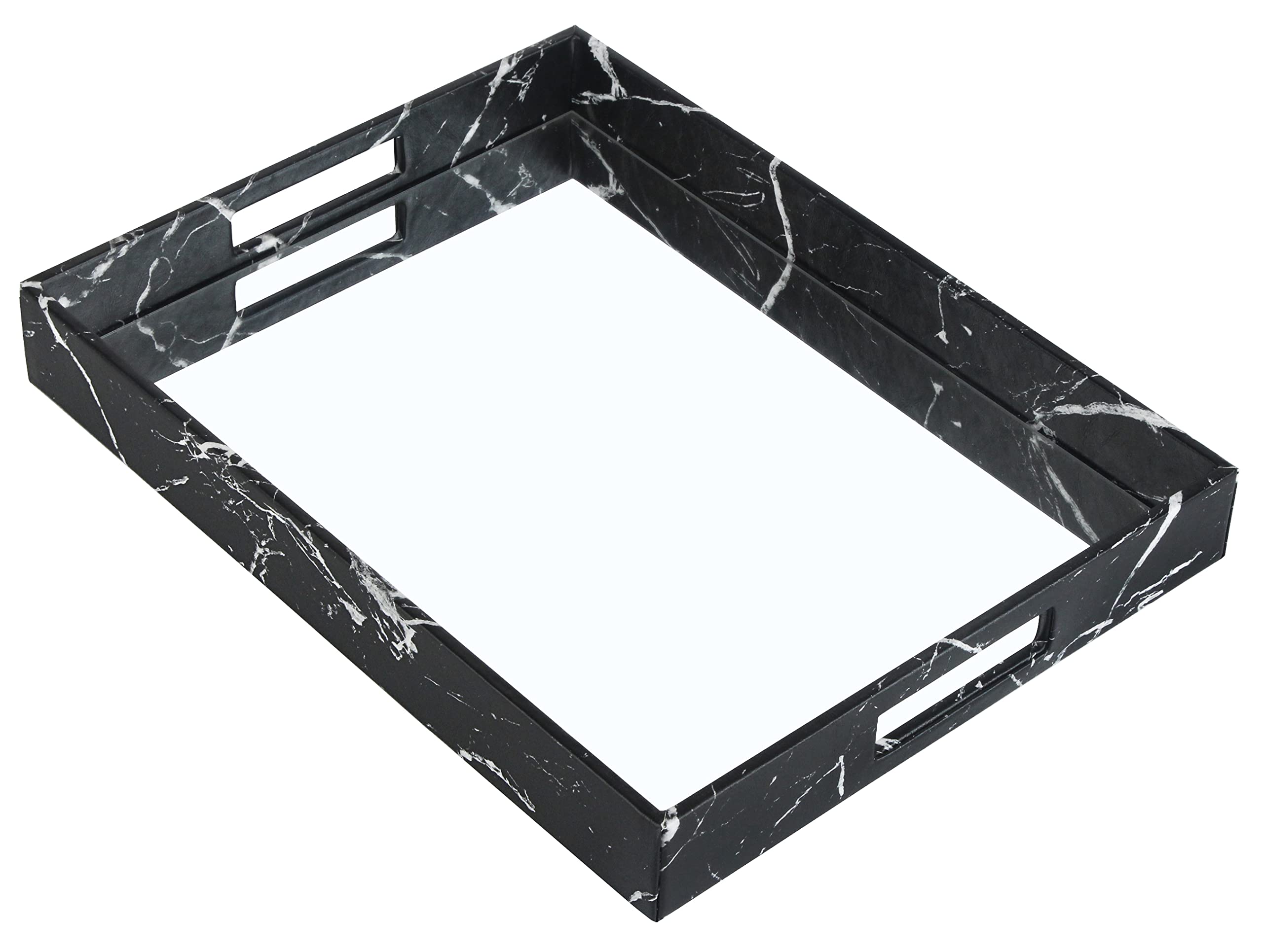 Vixdonos Decorative Serving Tray Marble Black Leather Tray Mirror Ottoman Tray with Handles for Coffee,Candle Holders,16.2'' X 12.2" X 2''