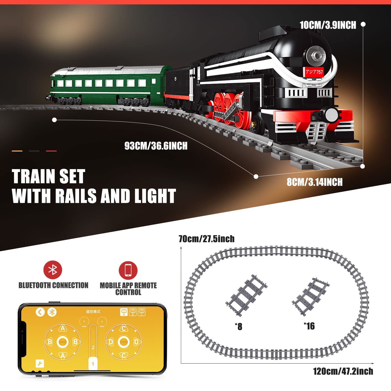 YESHIN Train Building Blcoks Toys for Boys, MOC APP Remote Control SL7 Asia Express Train Set with Light and Rails, Kids Birthday (1873 Pieces)