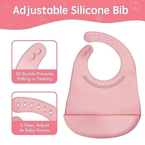 Silicone Baby Feeding Set 10 Pack, Baby Led Weaning Supplies with Suction Bowl Divided Plate, Toddler Self Feeding Dish Set with Bib and Plate, Spoon and Fork, Nipple and Teether, Sippy Cup and Lid