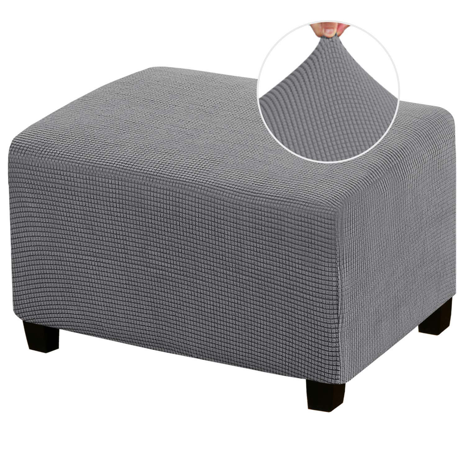 PrinceDeco Stretch Ottoman Cover Ottoman Slipcovers Rectangle for Living Room Foot Stool Stretch Covers to Fit Ottoman Foot Rest, Thick Checked Jacquard Fabric with Elastic Bottom (Large Size, Grey)
