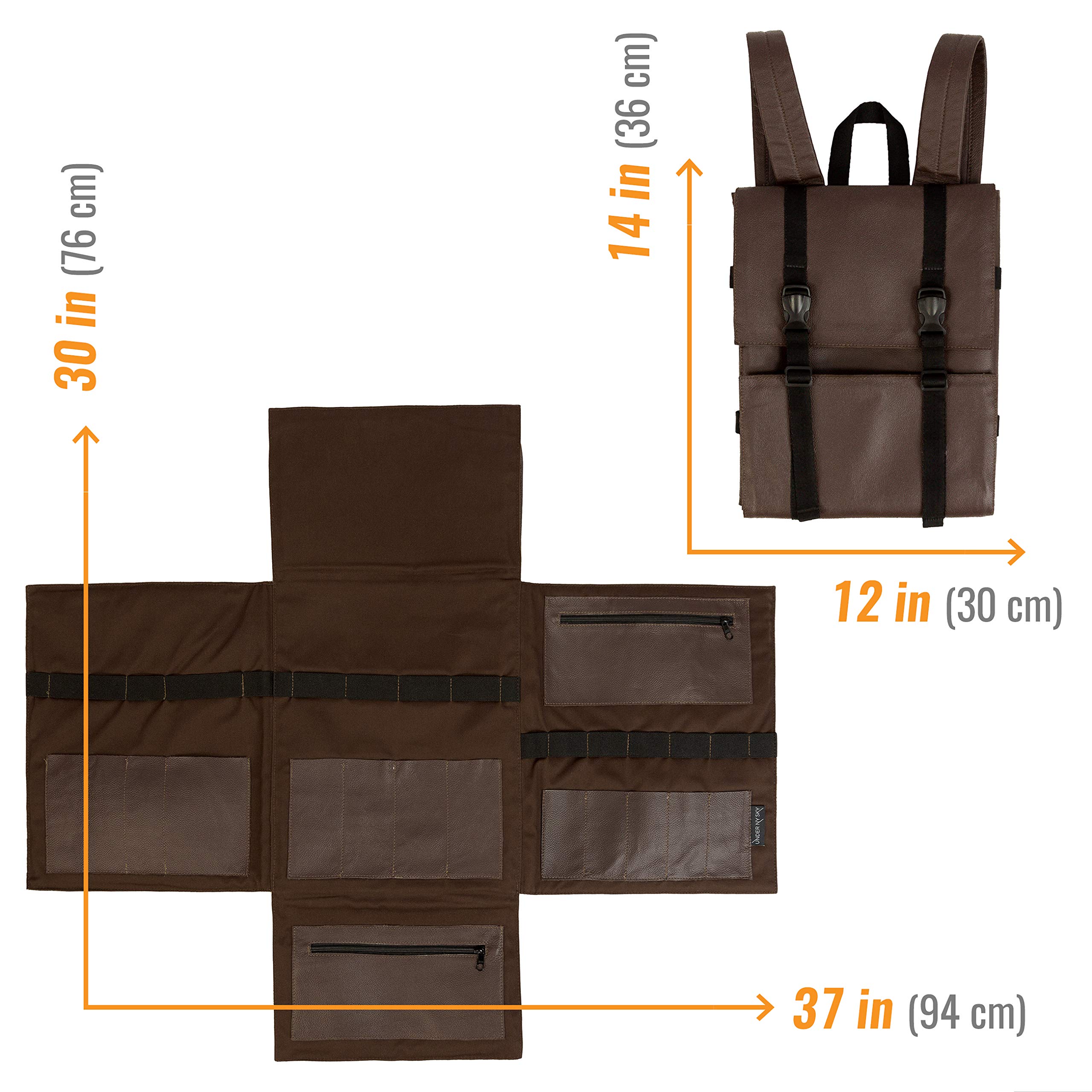 Under NY Sky Knife Bag - Brown Real Leather - 13 Knife Slots, 2 Zipped Pockets for Kitchen Utensils, Large Pocket for Tablets & Notebooks - Expandable - Tool Storage Bag Style for Chefs, Cooks, BBQ