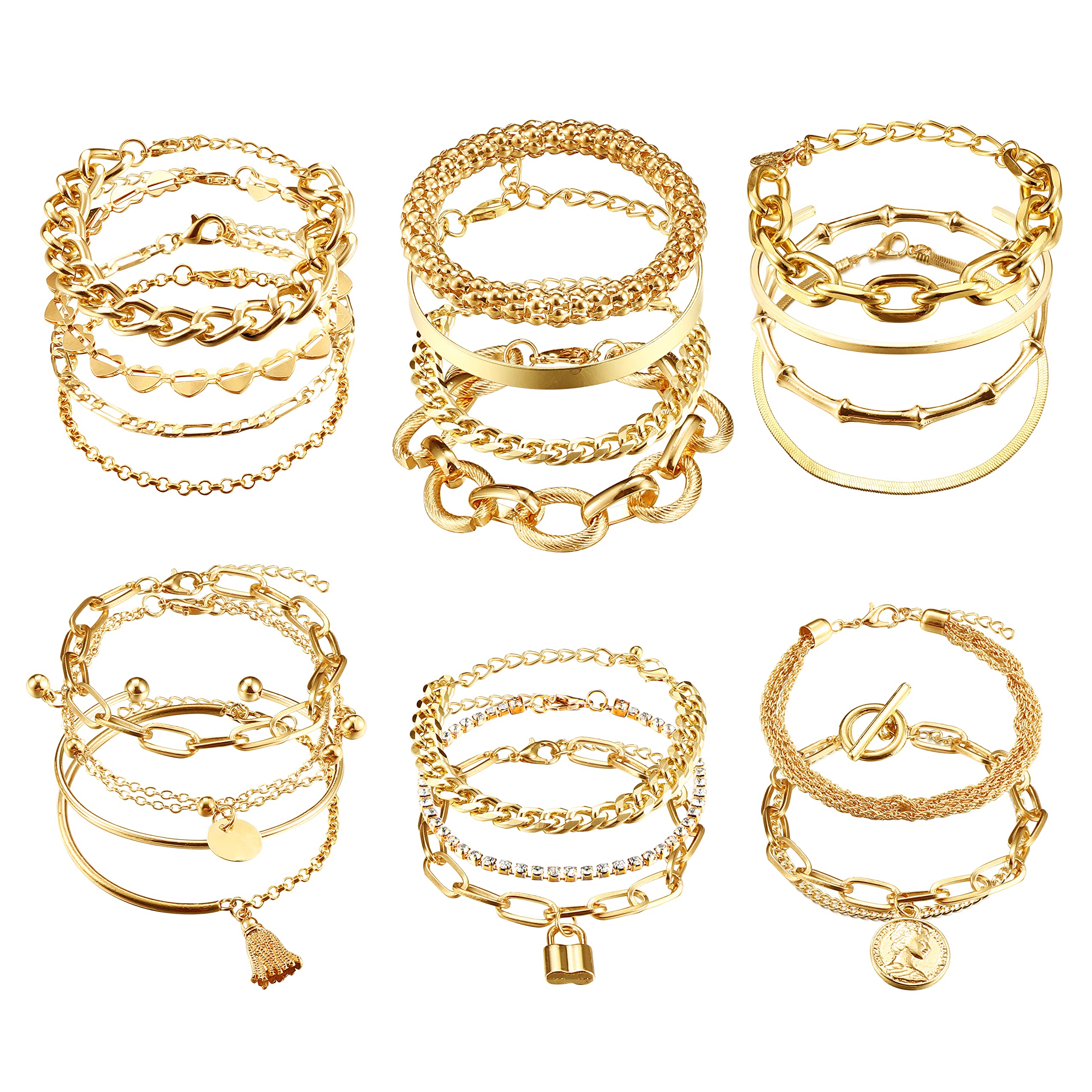 YADOCA 21Pcs (6 PACK)Boho Silver Gold Chain Bracelets Set for Women 14K Gold Plated Multiple Layered Stackable Open Cuff Wrap Bangle Charm Bracelets Adjustable Link Paperclip Italian Cuban Jewelry