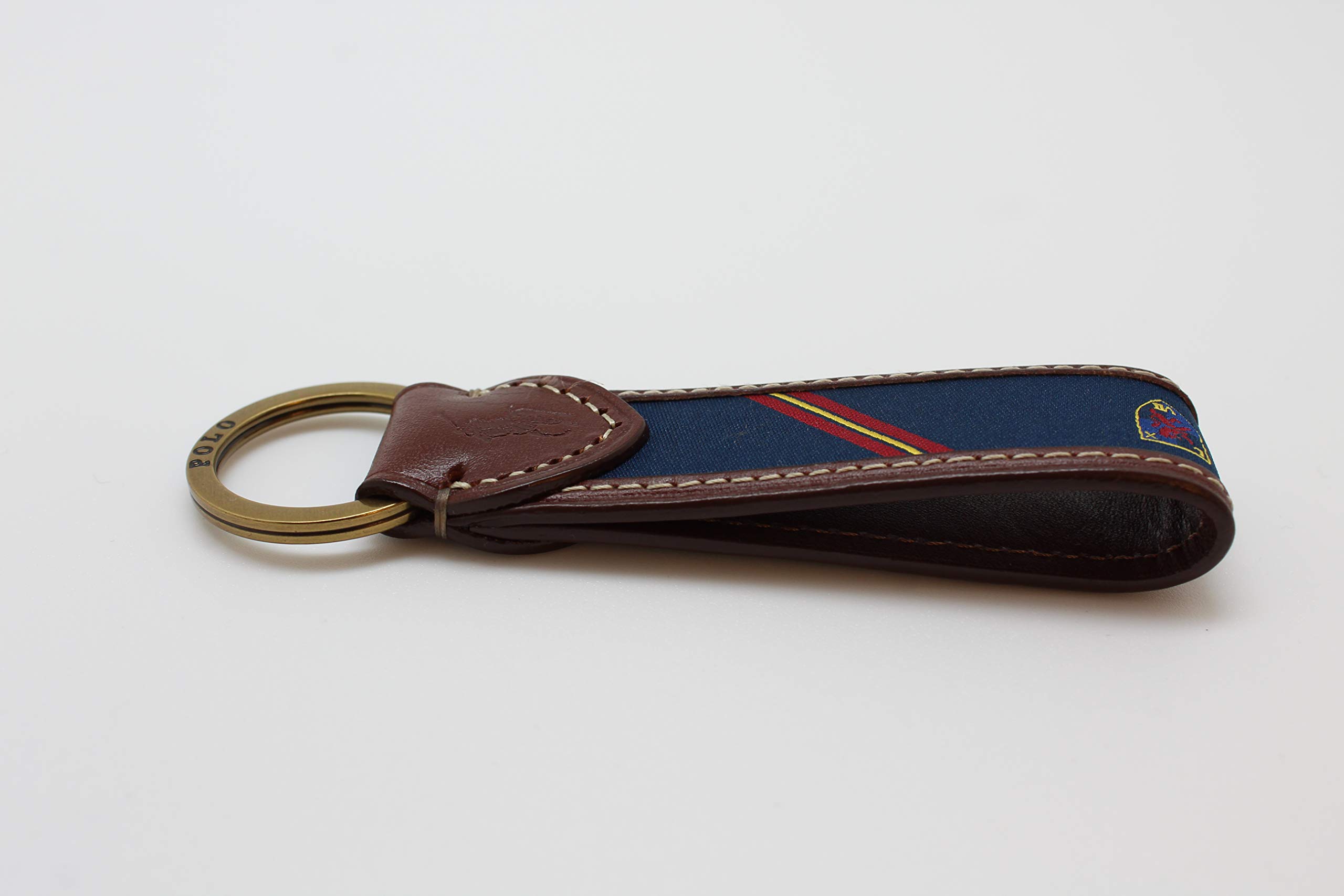 Polo Ralph Lauren Leather Trim w/Silk Crest Split O-Ring Key Chain Fob, Brown, One Size