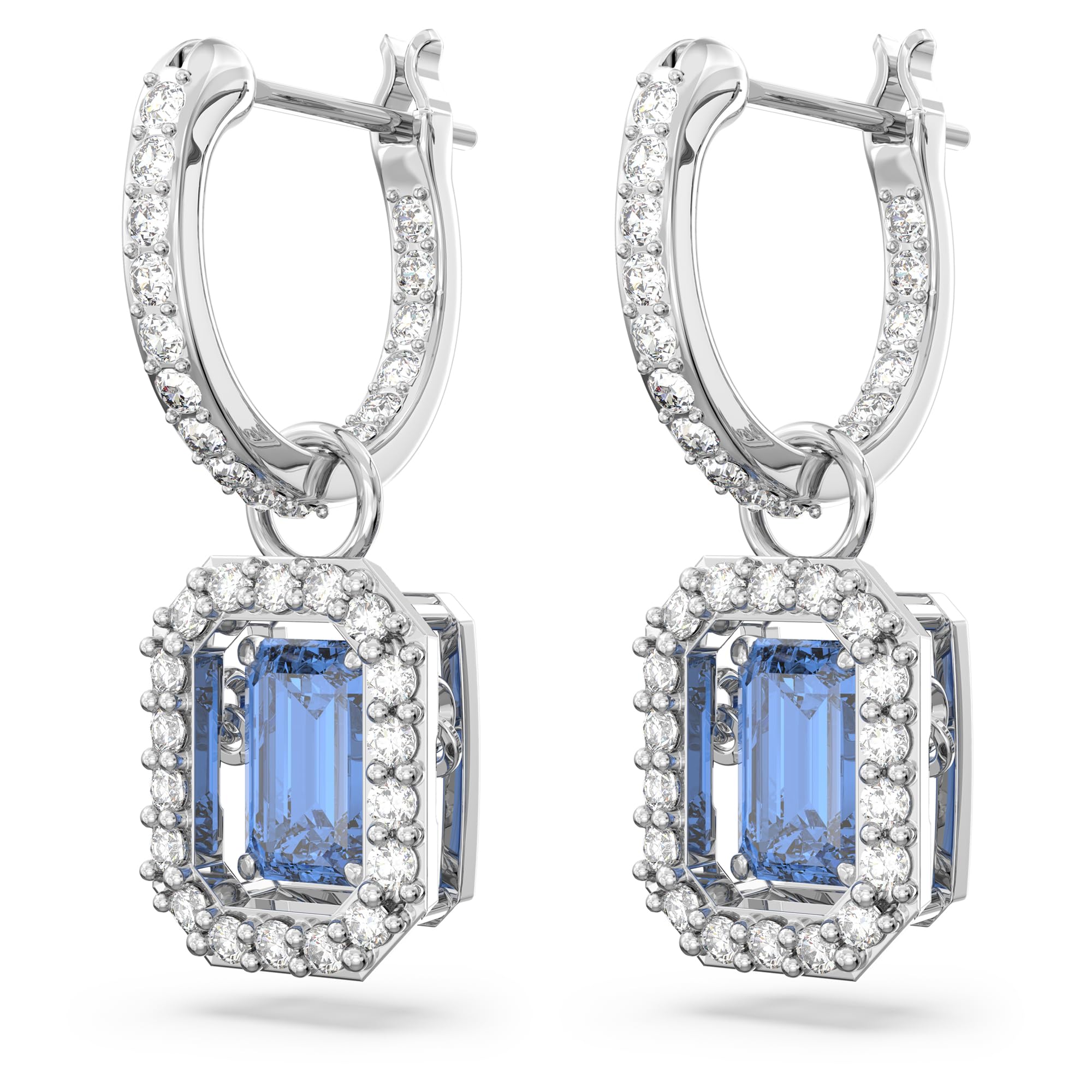 Swarovski Una Earrings, Octagon cut Swarovski Zirconia, Blue, Rhodium Finish