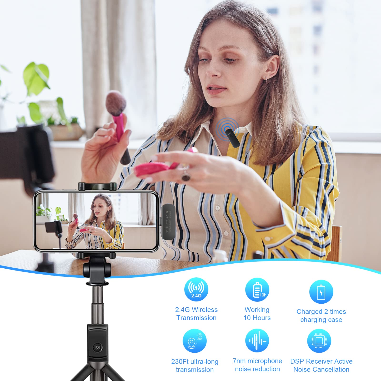 Wireless Lavalier Lapel Microphone Mics Condenser Microphone for iPhone, iPad, Android,Plug-Play 2.4G Ultra-Low Delay Noise Reduction 10H Working Time 230FT for Interview Video Podcast Vlog YouTube