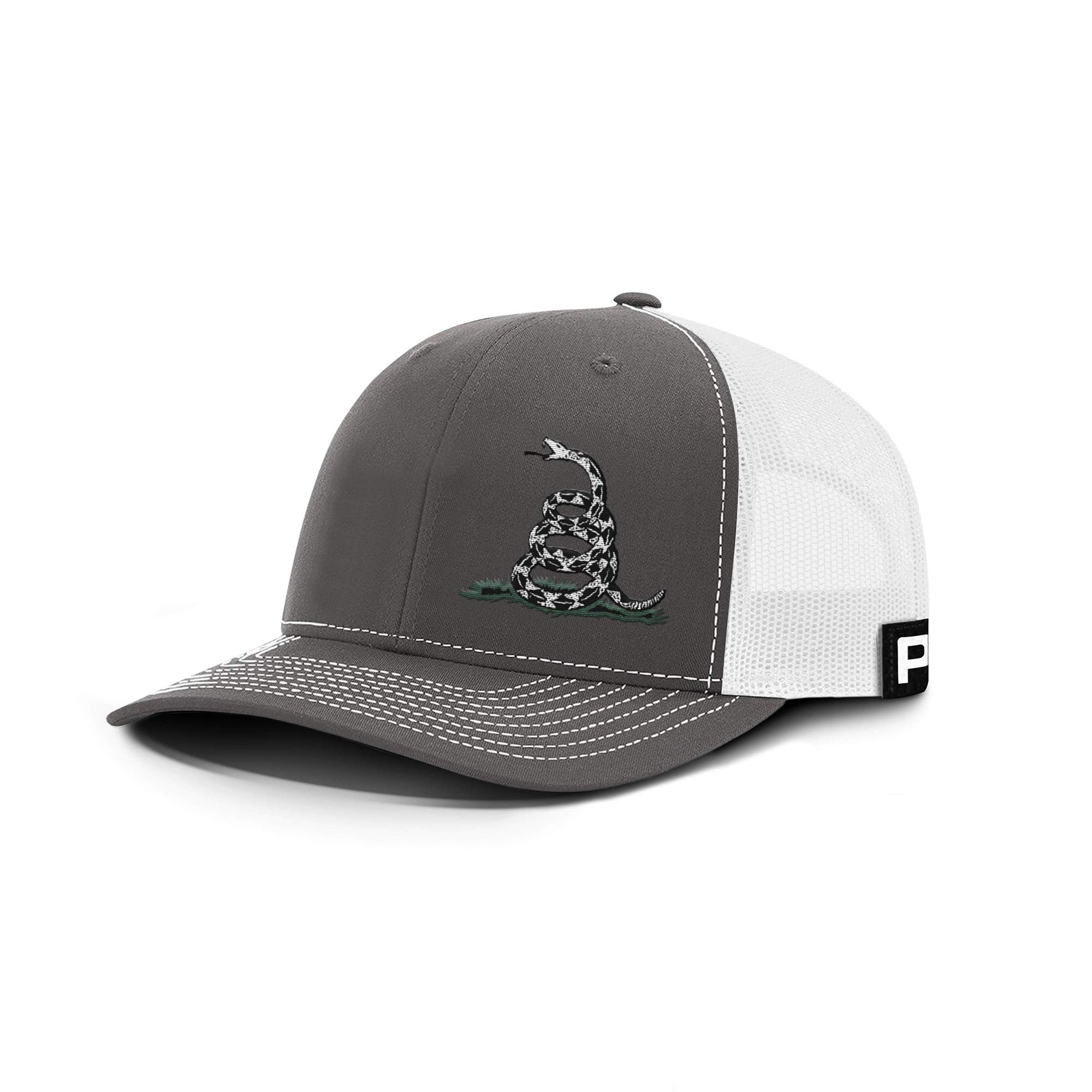 Printed Kicks Don’t Tread On Me Lower Left Back Mesh Hat Gadsden Flag Cap Snake - Hats for Men and Hats for Women (Charcoal Front/White Mesh)