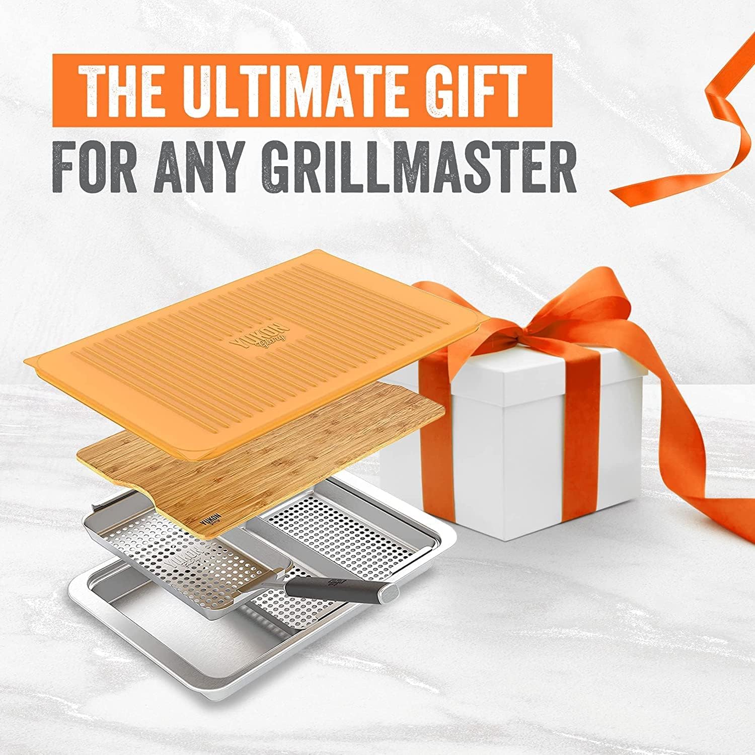 Yukon Glory™ BBQ 'N SERVE Premium Set, Includes 3 Grill Baskets, Serving Tray, Bamboo Cutting Board, Plastic Lid and Clip-on Handle