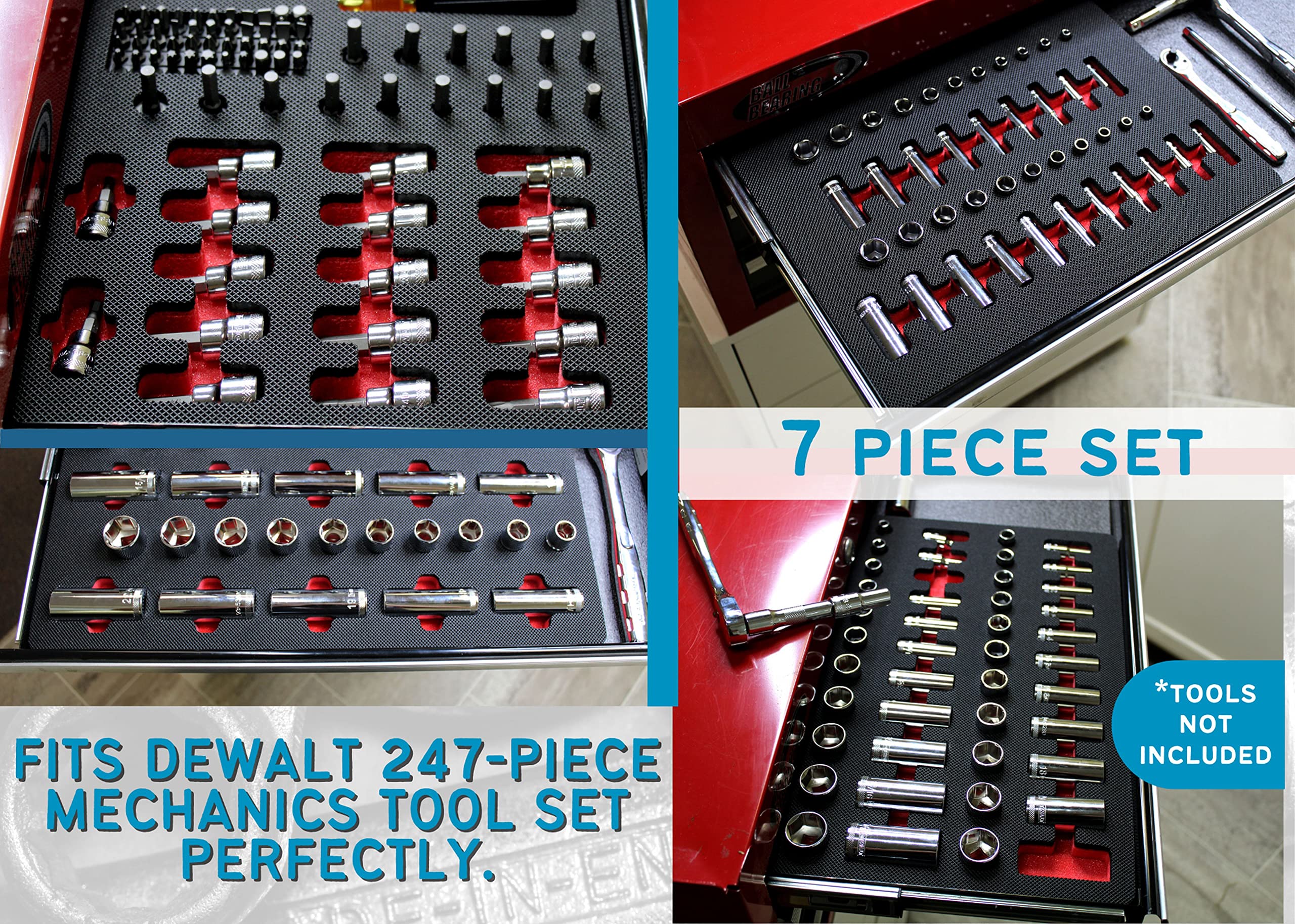Polar Whale Tool Drawer Organizer Inserts Fits DEWALT 247 Piece Mechanics Set Red and Black Durable Foam Trays Holds Many Tools and Accessories ONLY for DWMT81535 Fits Most Cabinet and Chest Drawers