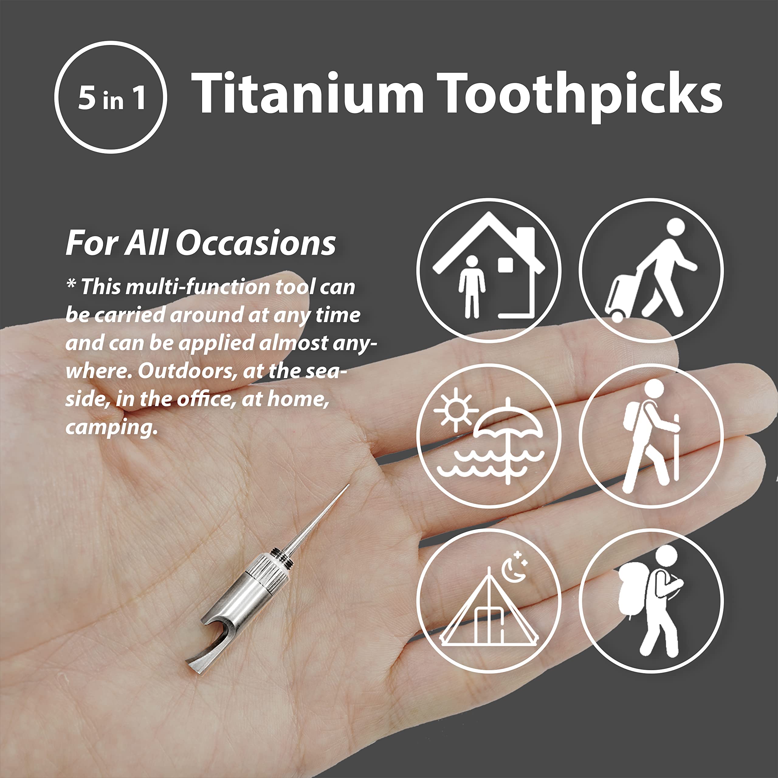 Titanium Toothpick with Holder, 100% Titanium Alloy Keychain Toothpick,Titanium EDC toothpick Tools 5-in-1, Bottle Opener, Box Opener, Mini Cutter, Car Window Breaker, Titanium Gifts for Men and Women