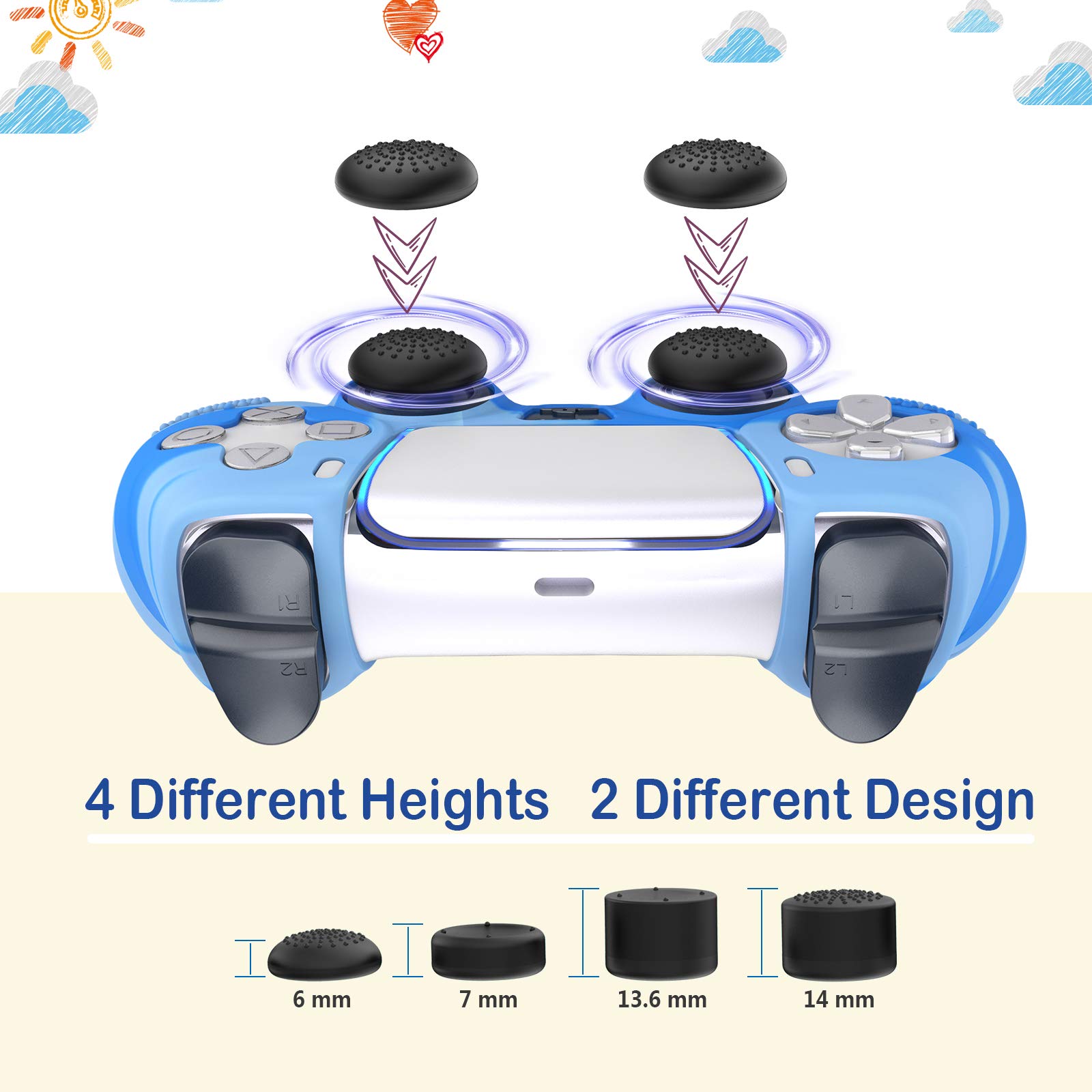 Suppeak Controller Grip Skin Cover Compatible with PS5, Printing Silicone Protective Cover Compatible with PS5 DualSense Wireless Controller with 8 Thumb Grip Caps, Light Blue+Sky Blue
