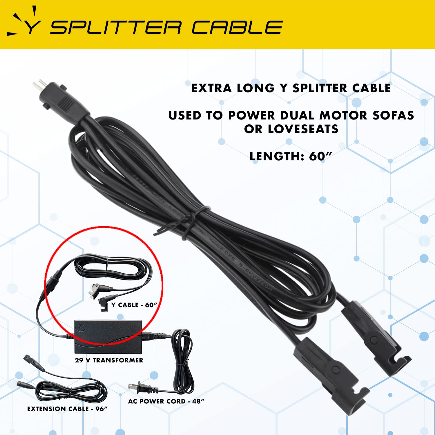 Universal Dual Power Supply Transformer Kit for Electric Reclining Furniture Power Recliner, Lift Chairs, Sofa or Sectionals - 29V 2A AC Power Cord Cable, Extension Cable and Y Cable (Not a Battery)