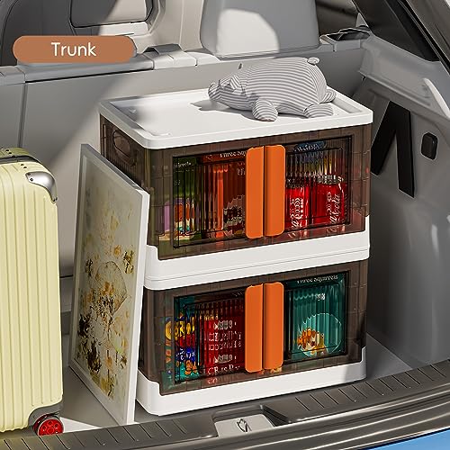 Satibano Collapsible Storage Bins - Stackable Closet Trunk Organizers and Storage Cabinet,Shoe Organizer, 8.5Gal Plastic Folding Storage Bins with Lids and Doors,Toy box with Wheels(1 Pack)