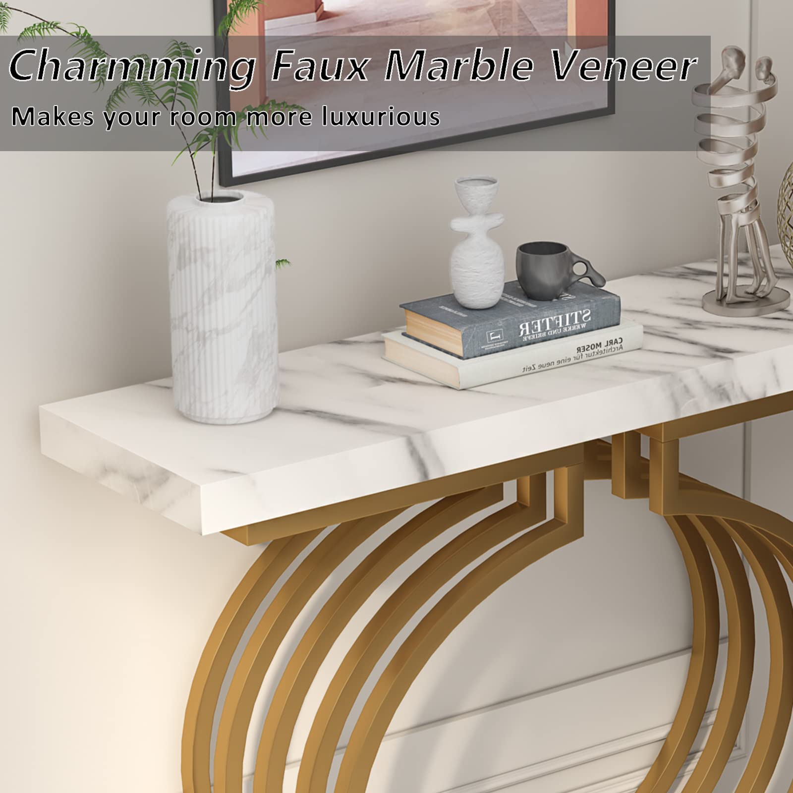 PAKASEPT Console Table for Entryway, Faux Marble Wood Accent Table Foyer Table with Geometric Metal Frame for Living Room, Hallway, Entrance