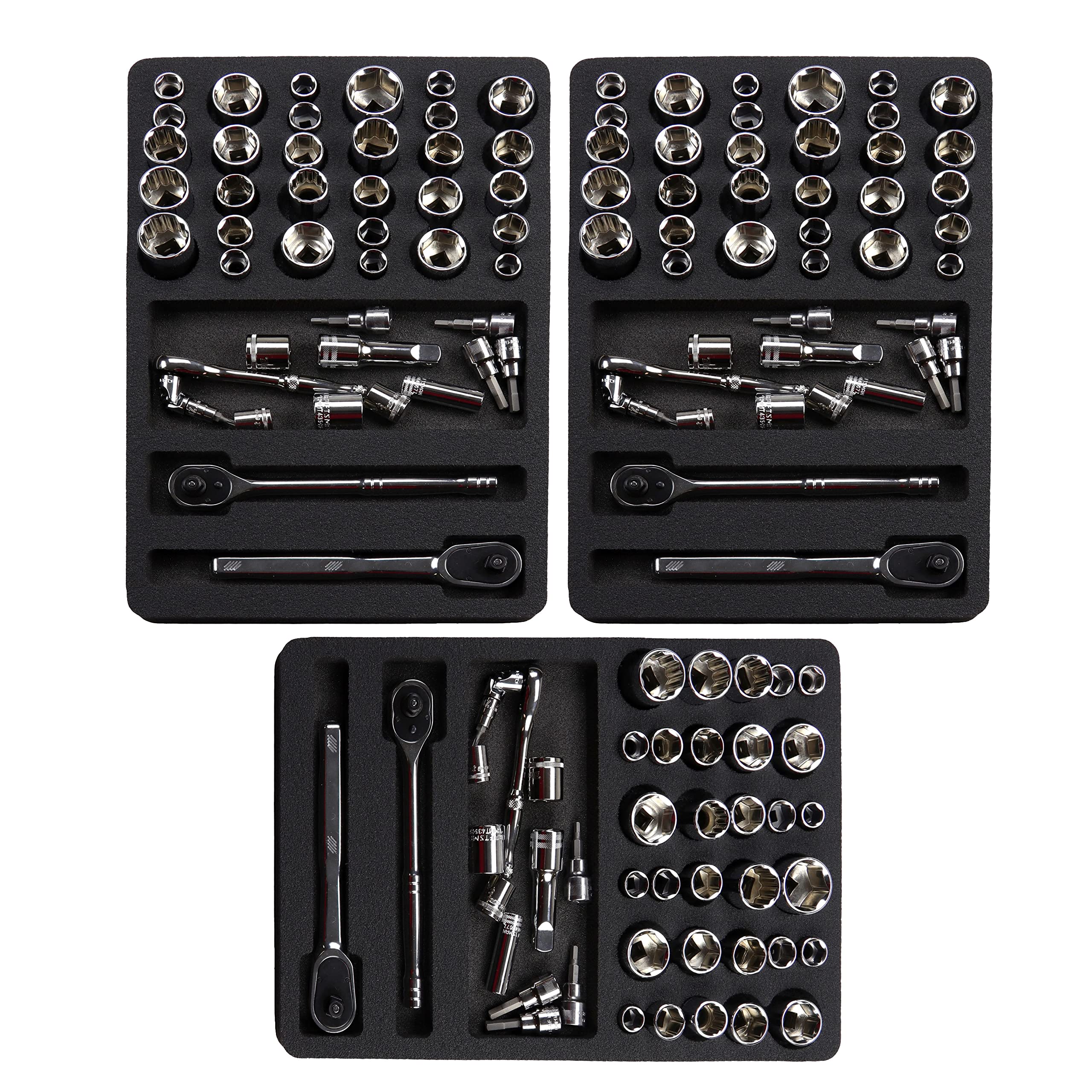 Polar Whale Tool Drawer Organizer 3-Piece Socket Insert Set Black Durable Foam Holds Many Tools 15 x 10 Inch Trays Fits Craftsman Husky Kobalt Milwaukee Many Others