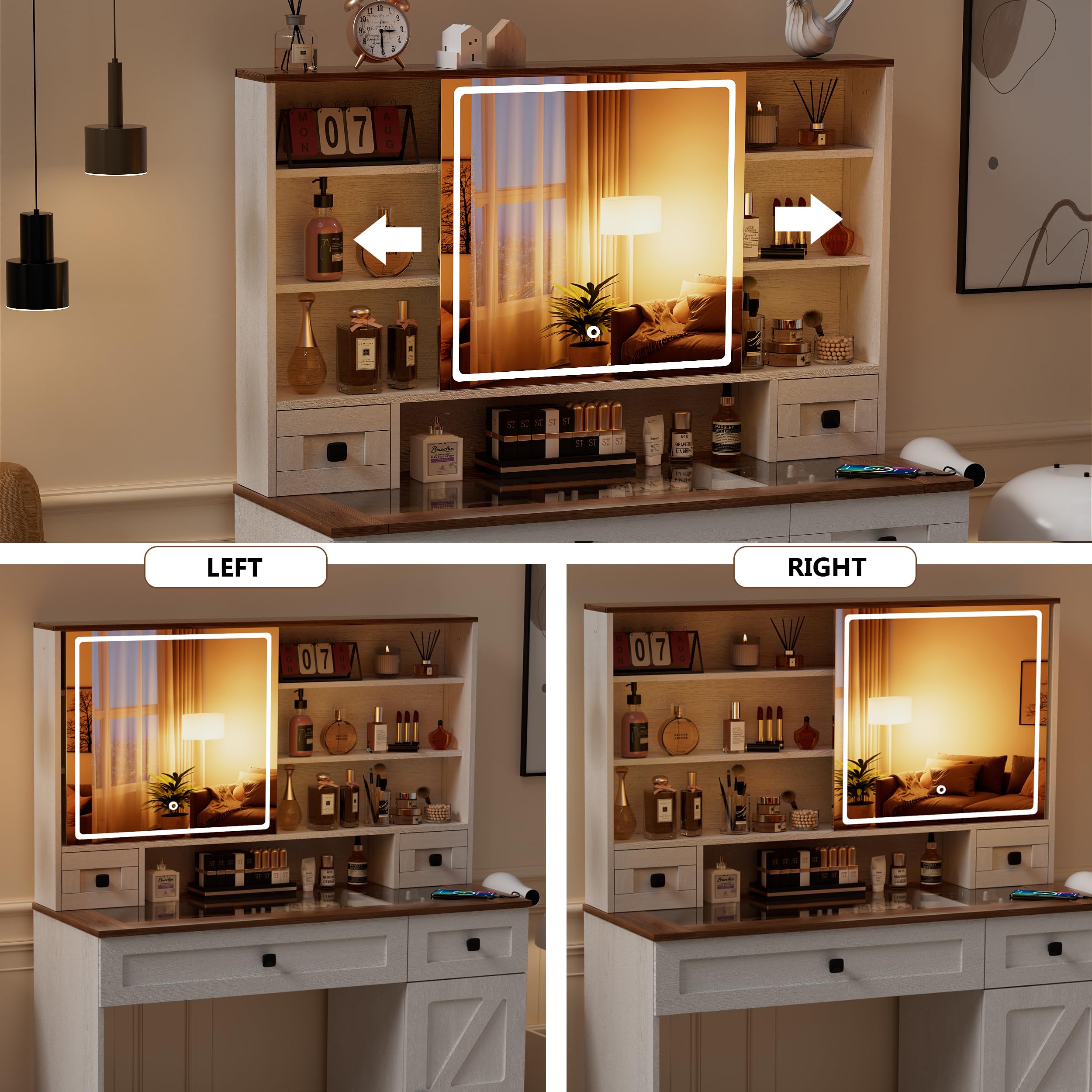 PAKASEPT Vanity Set with Lighted Mirror, Makeup Vanity Dressing Table with 3-Color Lights, Drawers, Storage Shelves and Cushioned Stool, Small Vanity Desk for Bedroom