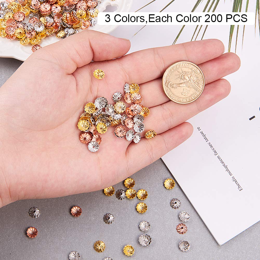 PH PandaHall About 600 Pcs Brass Flower Petal Bead Caps Spacers 7x2mm for Jewelry Making, Golden, Silver and Rose Gold