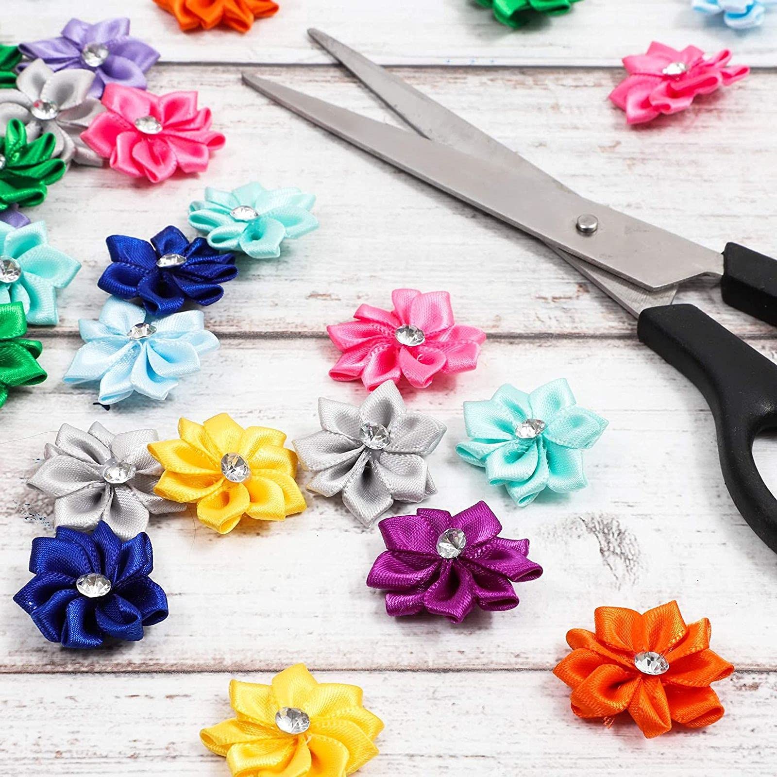 Satin Ribbon Daisy Flower Heads with Rhinestones, 10 Colors (1.2 in, 100 Pack)