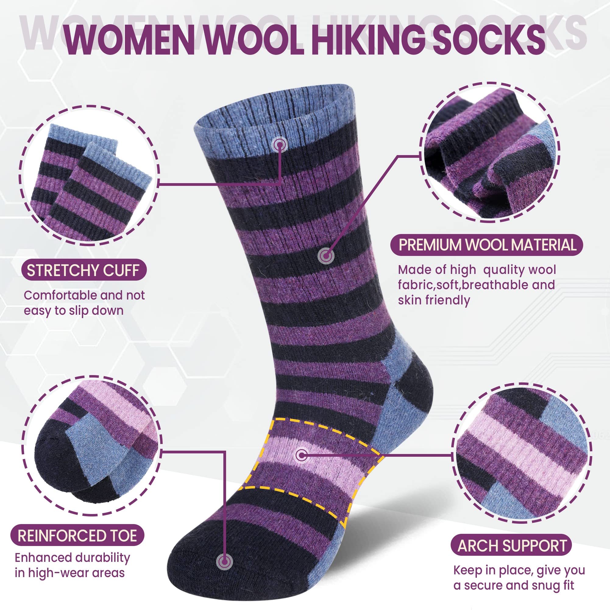 Womens Merino Wool Hiking Socks Winter Soft Thermal Warm Boot Cushion Work Socks 5 Pairs(Stripe)