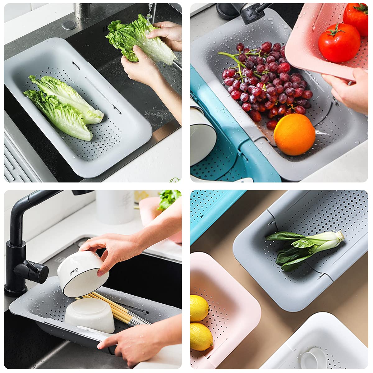 Sink Colanders and Strainers Basket, Kitchen Extendable Sink Strainer Basket, Over the Sink Colander Drain Wash Fruit Vegetable and Dry Dishes (Grey)