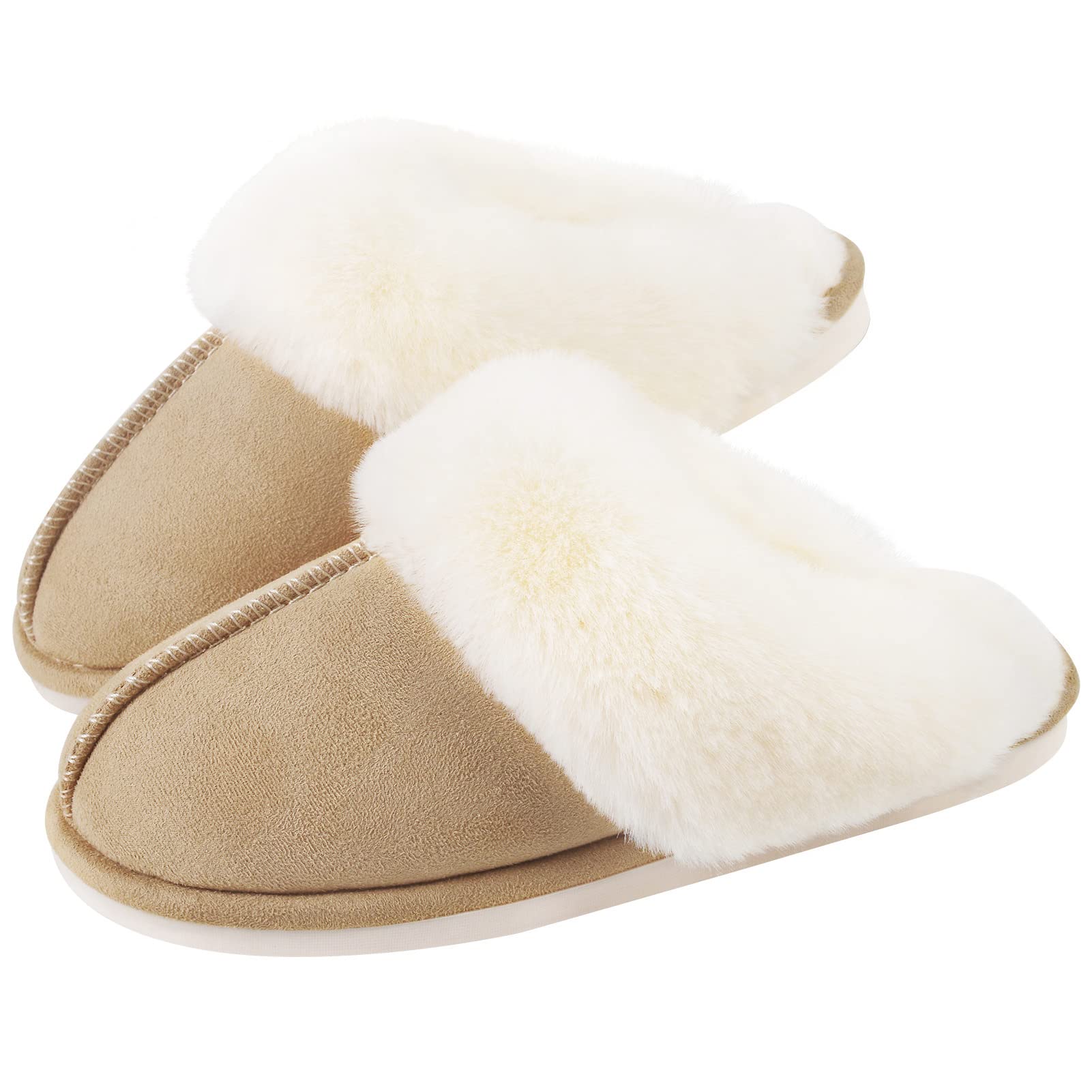 Parlovable Women's Slippers Fuzzy Warm Comfy Faux Fur Slip-on Fluffy Bedroom House Shoes Memory Foam Suede Cozy Plush Breathable Anti-Slip Indoor & Outdoor Winter Beige 7-8