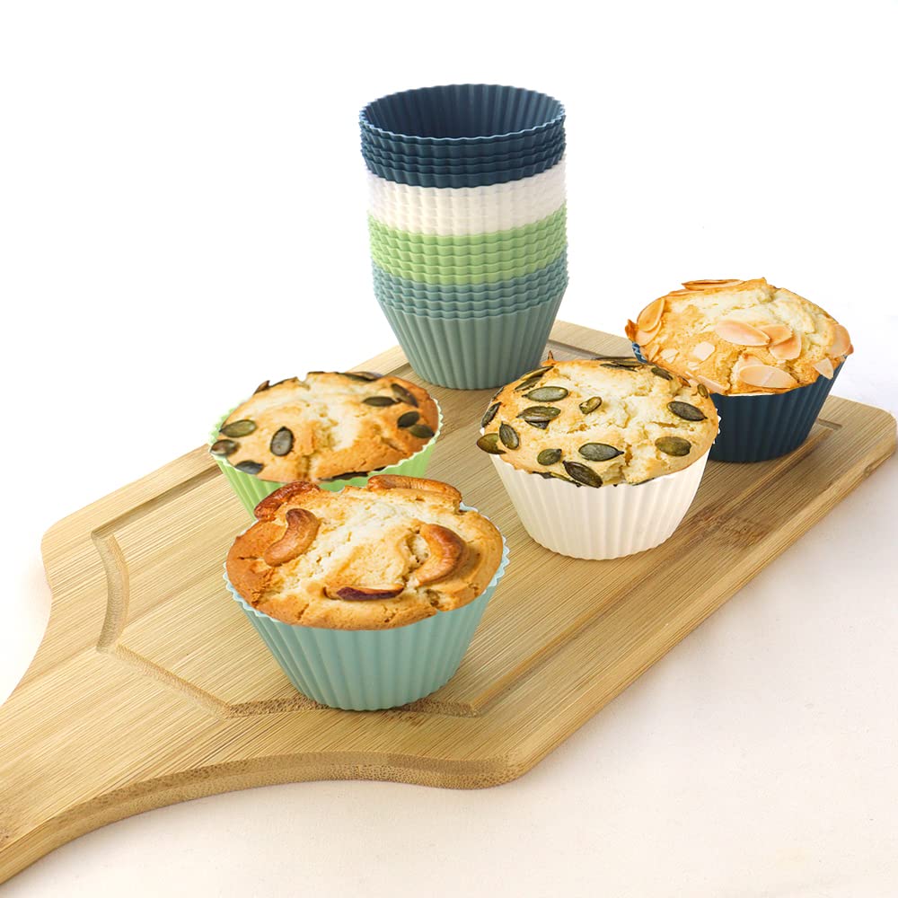 WYBG 24 Pcs Reusable Silicon Muffin Molds Food Grade Silicone Muffin Molders Non-Stick Silicone Cupcake Molds Reusable Cupcake Liners Mini Cake Molds Baking Cups Kitchen Bakeware in 4 Colors