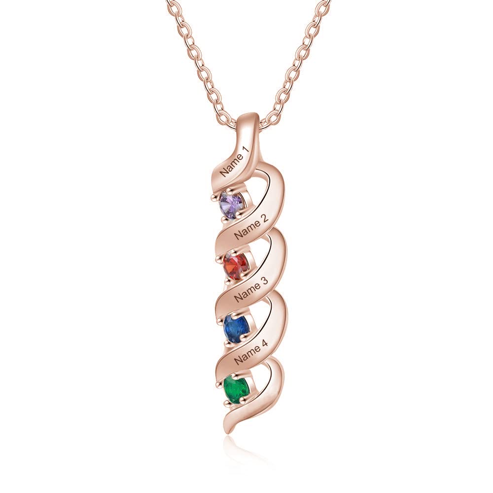 Yafeeso 10K/14K/18K Solid Gold Personalized Mothers Name Necklace with 4 Simulated Birthstones Custom Name Pendant Necklace Personalized Birthstone Gifts for Mom