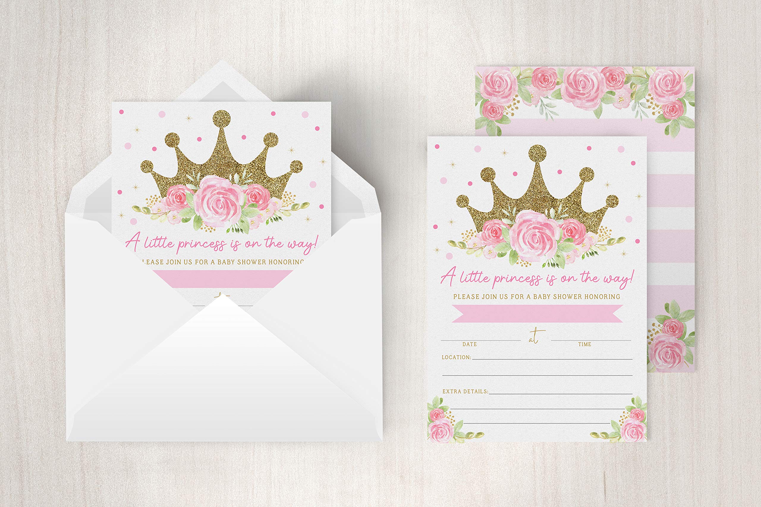 Princess Baby Shower Invitations with Book Request and Diaper Raffle Card, Pink Baby Sprinkle, 20 Fill in Invites