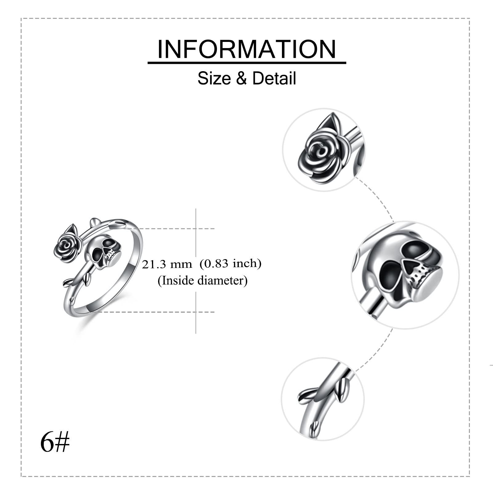 YAFEINI Gothic Skull Ring Open Wrap Rose Flower Skeleton Statement Ring Sterling Silver Retro Vintage Cocktail Party Punk Jewelry for Women Men (10)