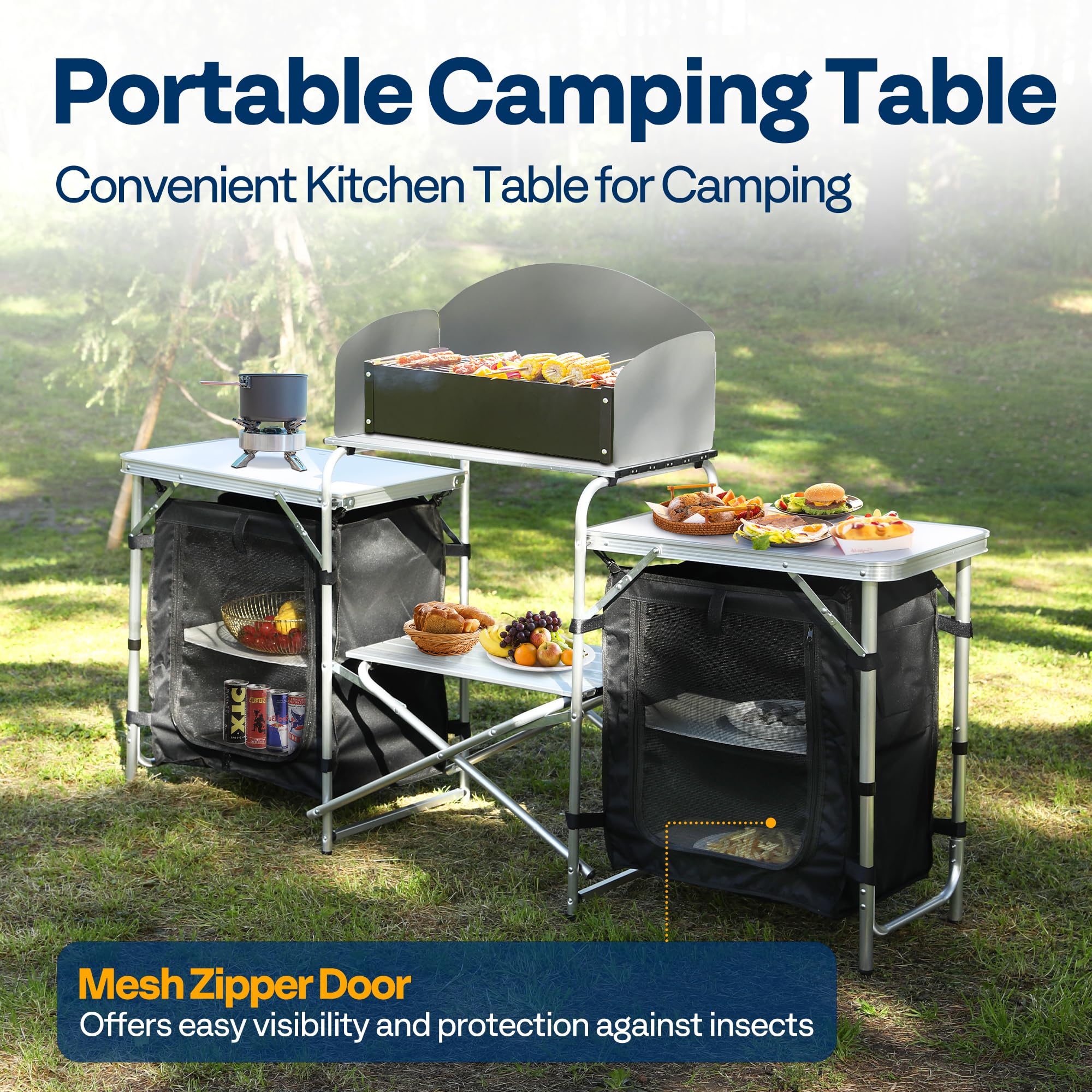 VIVOHOME Folding Camping Kitchen Table with Storage Organizer, 2 Side Tables, Stainless Steel Windscreen, Outdoor Portable Cook Station for BBQ, Picnics