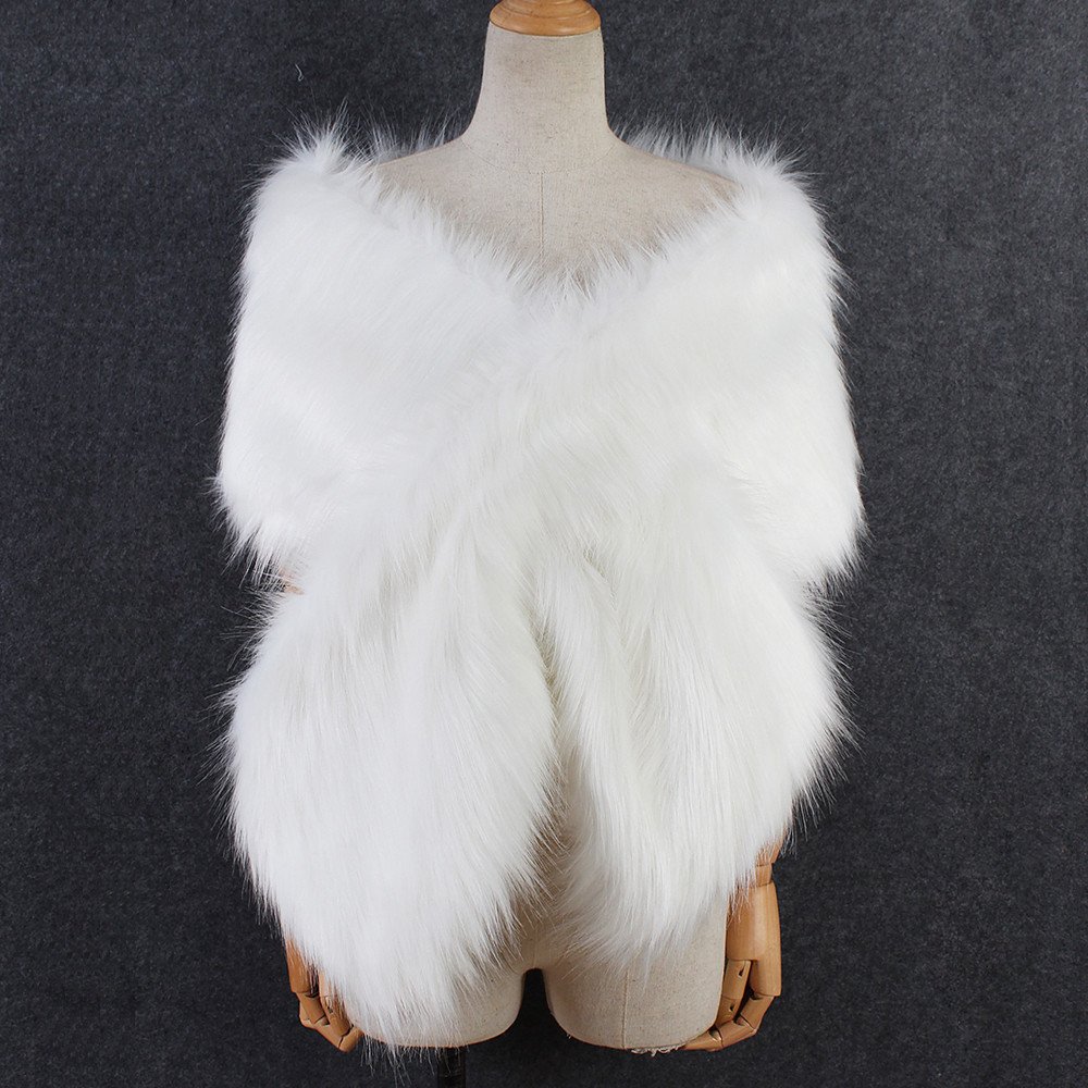 Women Faux Fox Long Shawl Stole Wrap Scarf Bridal Wedding Women's Scarf Winter (white, One Size)