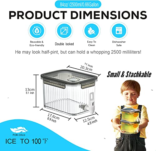 Small Drink Dispenser With Spigots, 84 Oz Plastic Fridge Beverage Dispensers Jug, 0.66 1/2 Gallon 2.5L Ice Tea Milk Lemonade Container, Half Gallon Water Pitcher for Refrigerator (black)