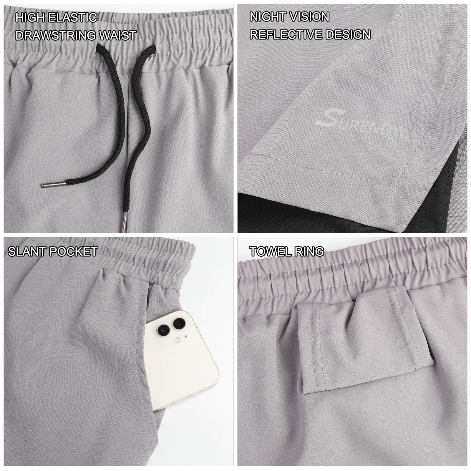 Surenow Mens 2 in 1 Running Shorts Quick Dry Athletic Shorts with Liner, Workout Shorts with Zip Pockets and Towel Loop Light Grey