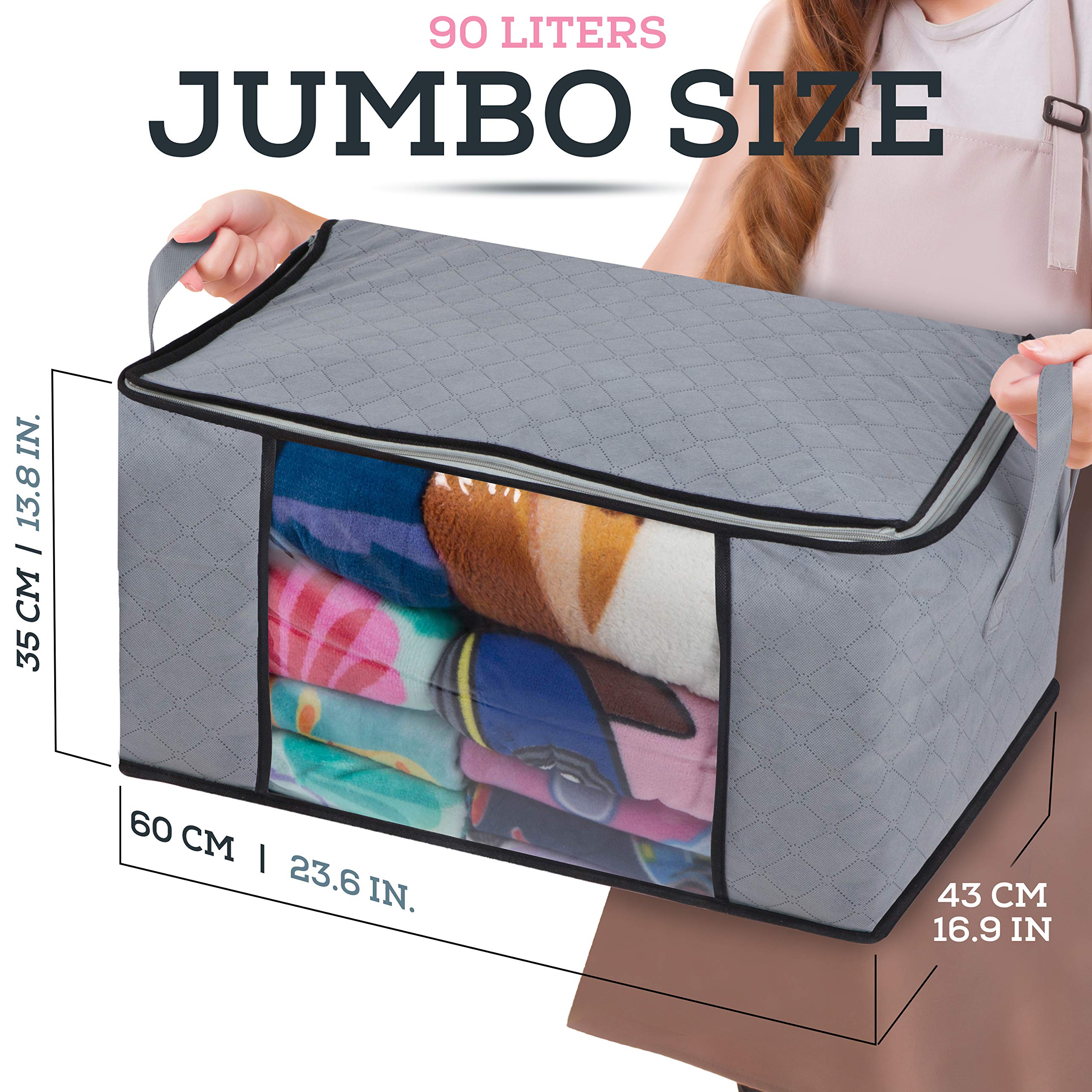 Regal Bazaar Clothes Storage Bag, Extra-Large Capacity Foldable Organizer with Sturdy Handles, Strong 3-Layer Fabric and Dual Zippers, Great for Large Comforters and Bedding (3-Pack, Grey and 3x90L)