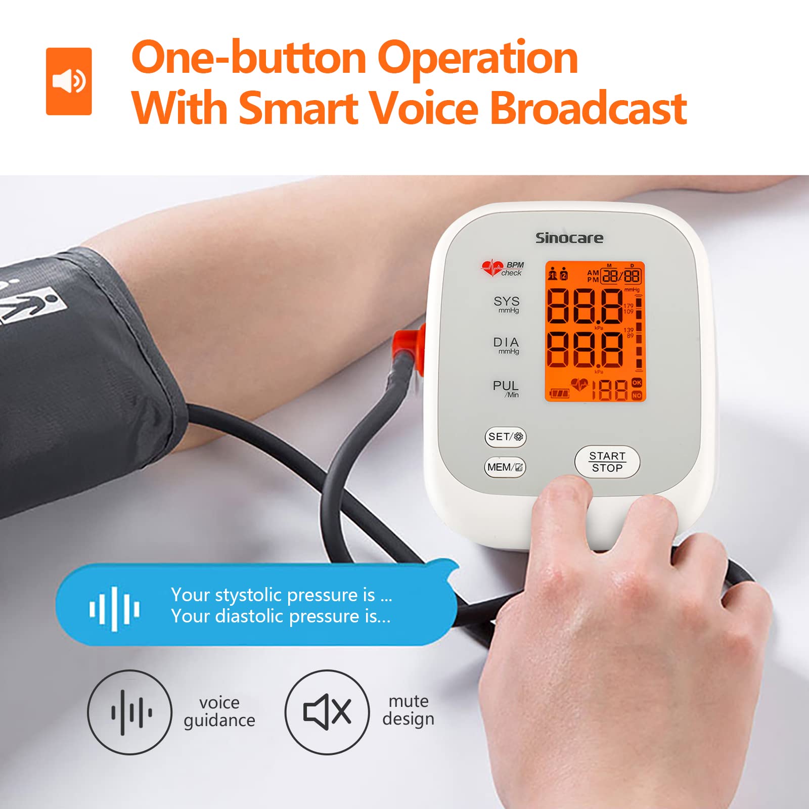 Sinocare Blood Pressure Machine,Upper Arm Blood Pressure Monitor,Automatic Digital BP Machine for Home,Adjustable Cuff and Large Display,Irregular Heartbeat Detector with Batteries