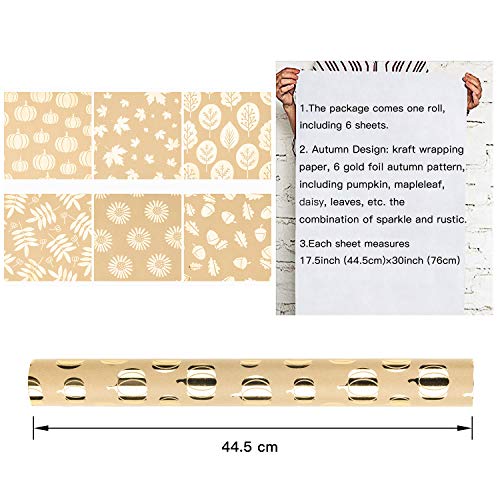 RUSPEPA Wrapping Paper Roll Sheets Kraft Paper - Pumpkin and Maple Leaf Autumn Design Gold Foil - 17.5 x 30 inches Each Sheet, Total of 6 Sheets Packed in 1 roll