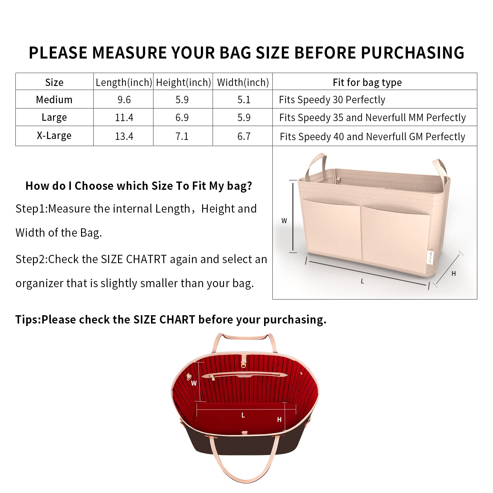 VJOY Purse Organizer Insert Handbag Tote Felt Organizer Bag in Bag Shaper Fit Neverfull Speedy Graceful MM GM (Large, BLACK)