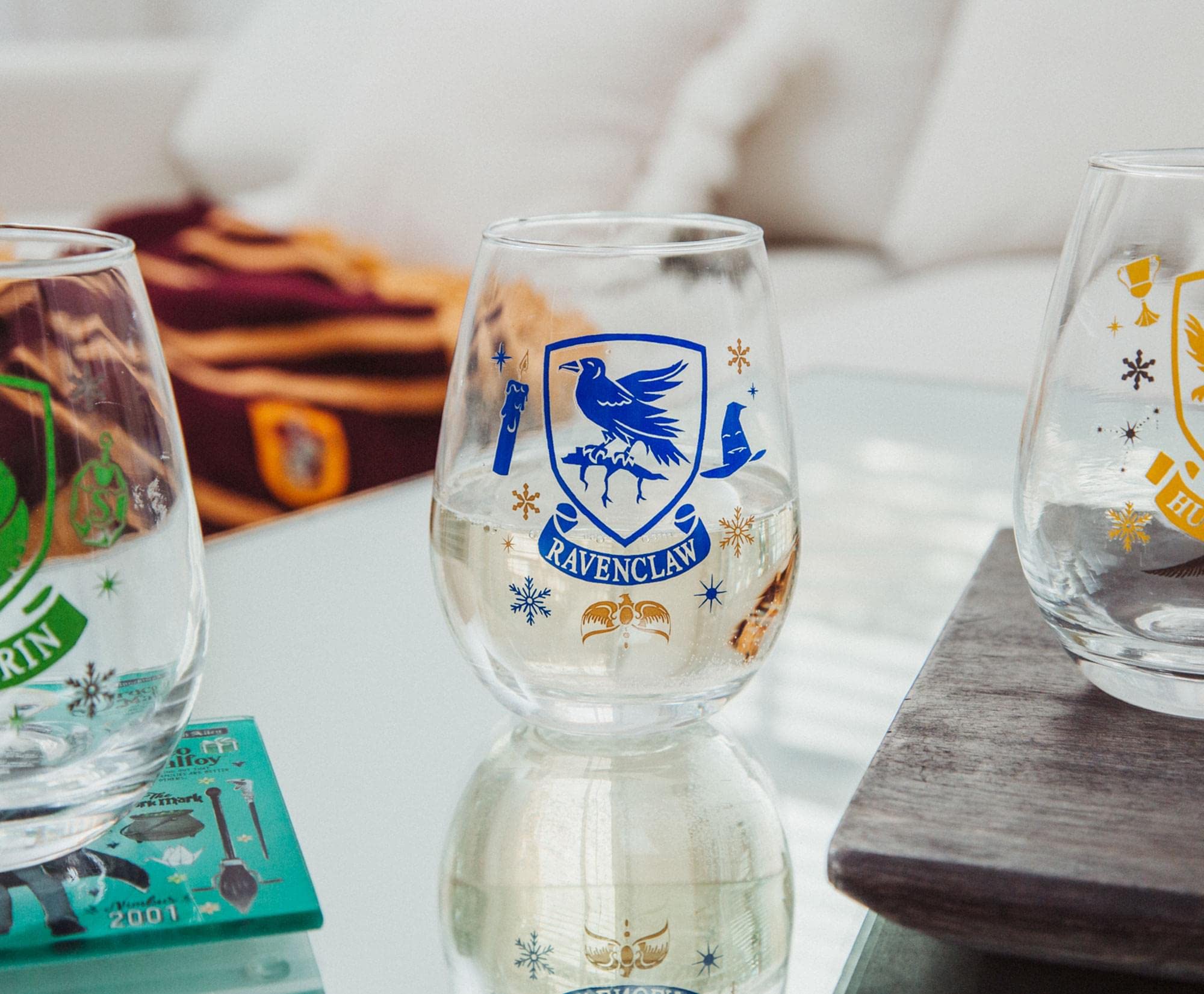 Silver Buffalo Harry Potter Hogwarts House Colors 12-Ounce Stemless Wine Glasses, Set of 4 | Holds 20 Ounces