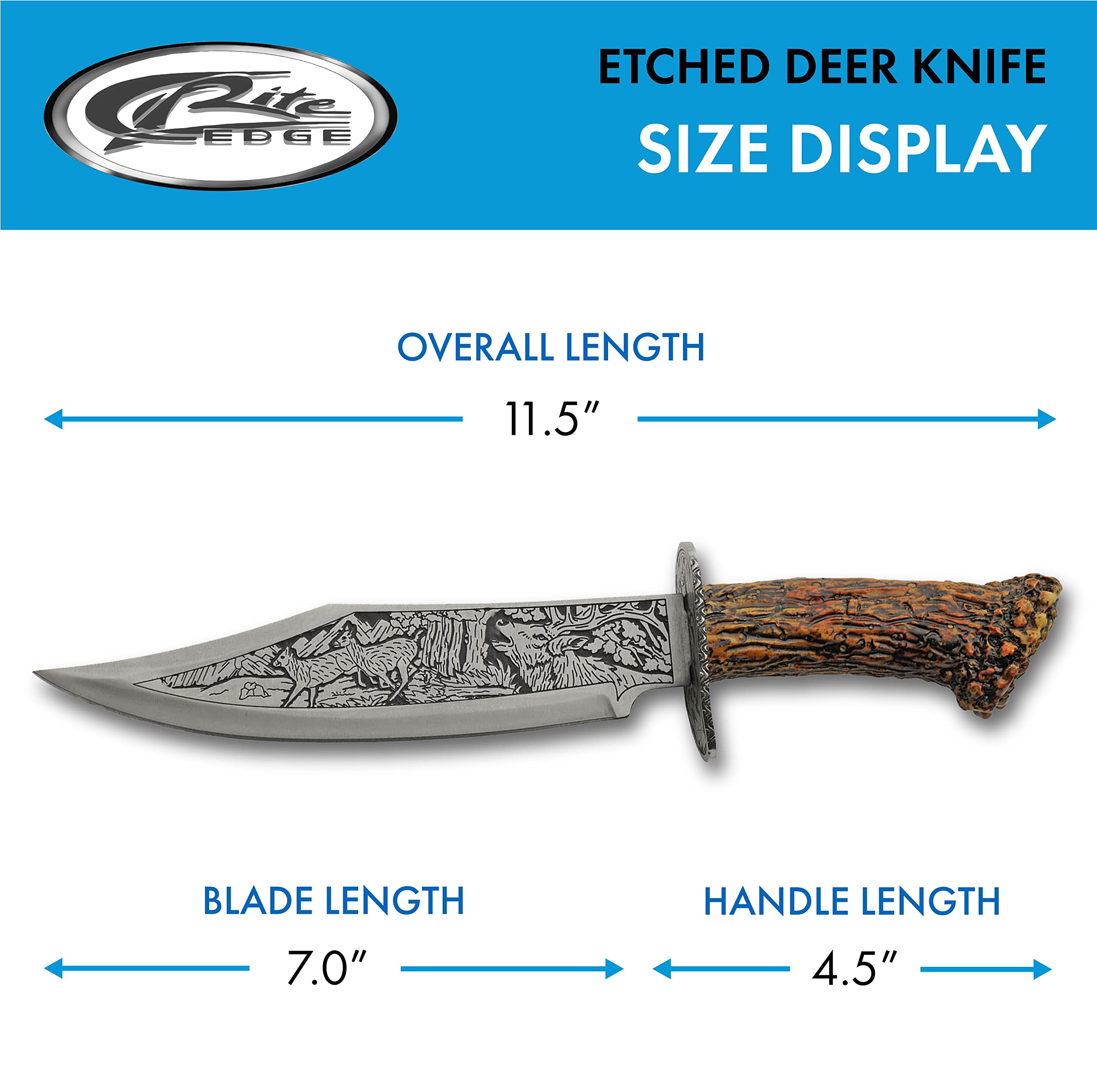 Szco Supplies 11.5” Decorative Deer Etched Blade Outdoor Hunting Knife with Display Relief Art/Printed Antler Stand,Brown,211529-DE